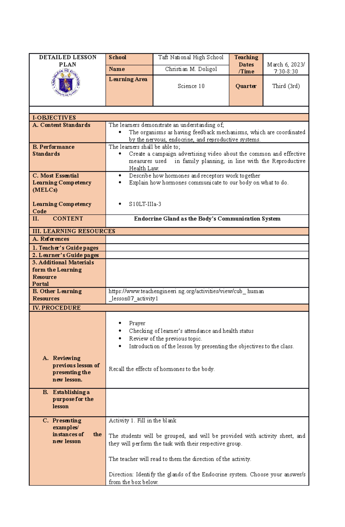 S10LT-IIIa-33 - Detailed Lesson Plan on Endocrine System (Grade 10 ...