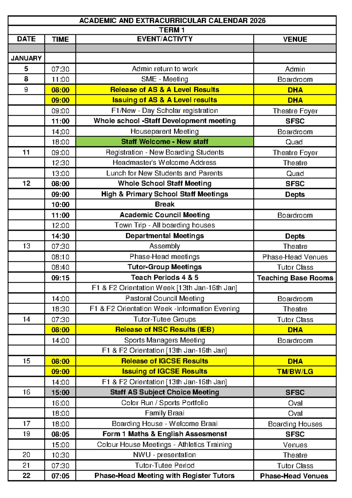 Academic & Extracurricular Calendar 2026 - Term 1 Schedule - Studocu