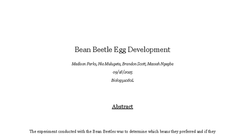 Biology1080L Bean Beetle Lab Report: Egg Laying Preferences on Beans ...