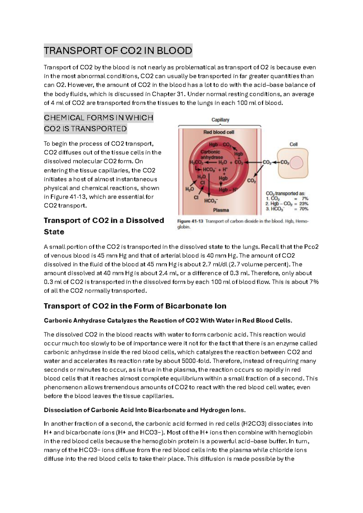 Guyton Chapter 41 - CO2 Transport Mechanisms in Blood - Studocu