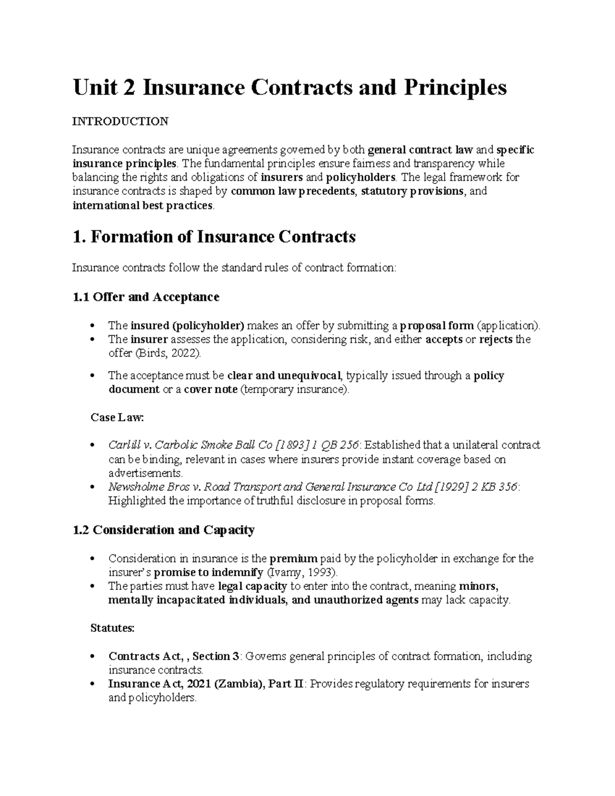 Unit 2: Formation of Insurance Contracts and Principles - Studocu