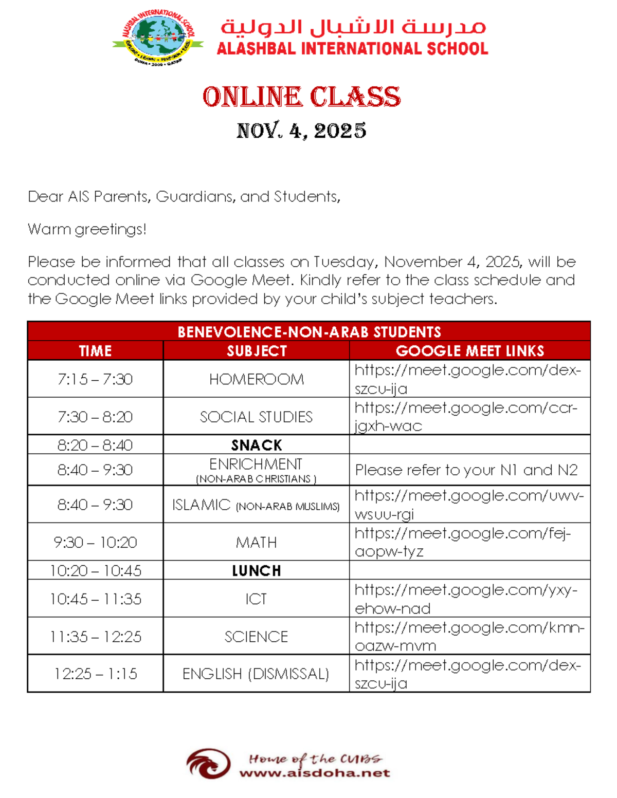 Online Class Schedule for Nov. 4, 2025 - Year 3 - Studocu