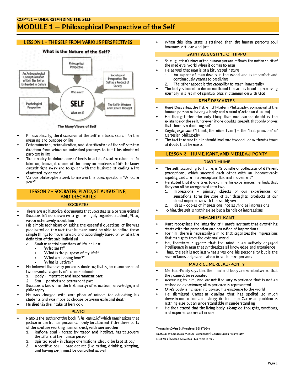 UTS Module 1: Philosophical Perspectives on Self and Existence - Studocu