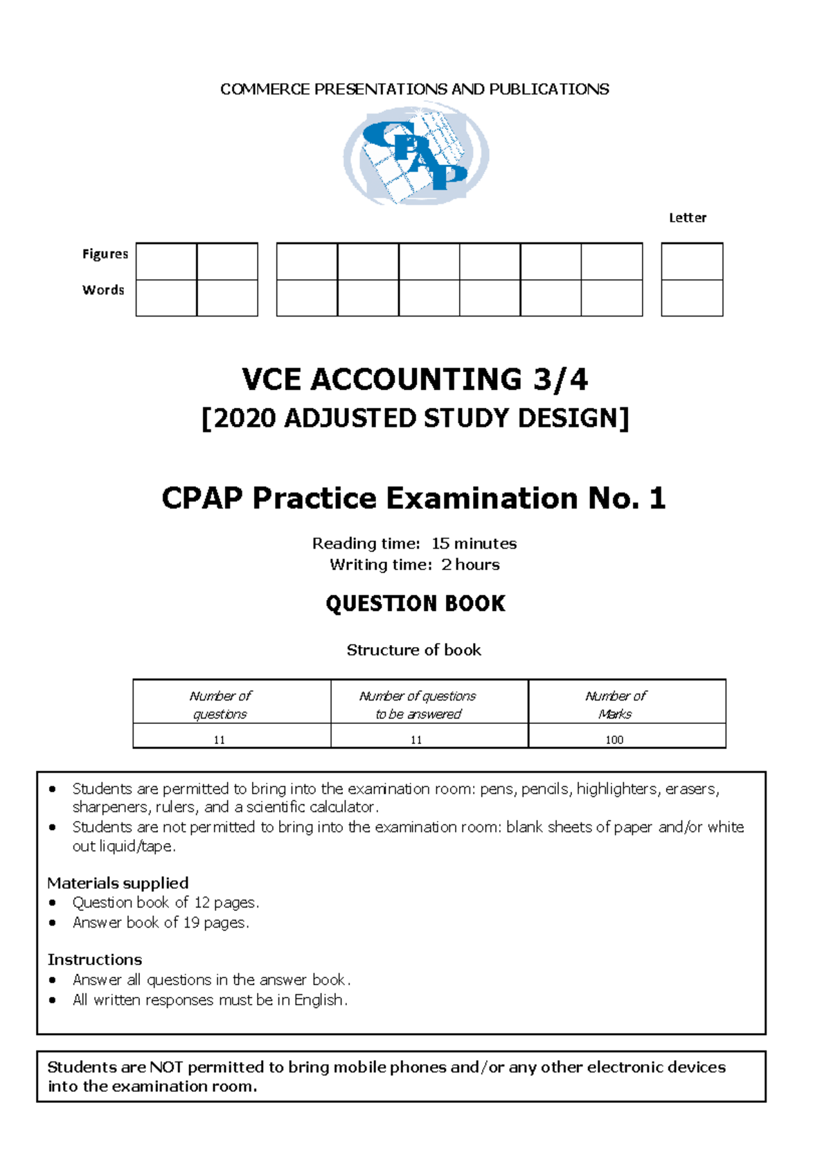 CPAP 2020 VCE Accounting Units 3 & 4 Exam 1: Practice Questions ...