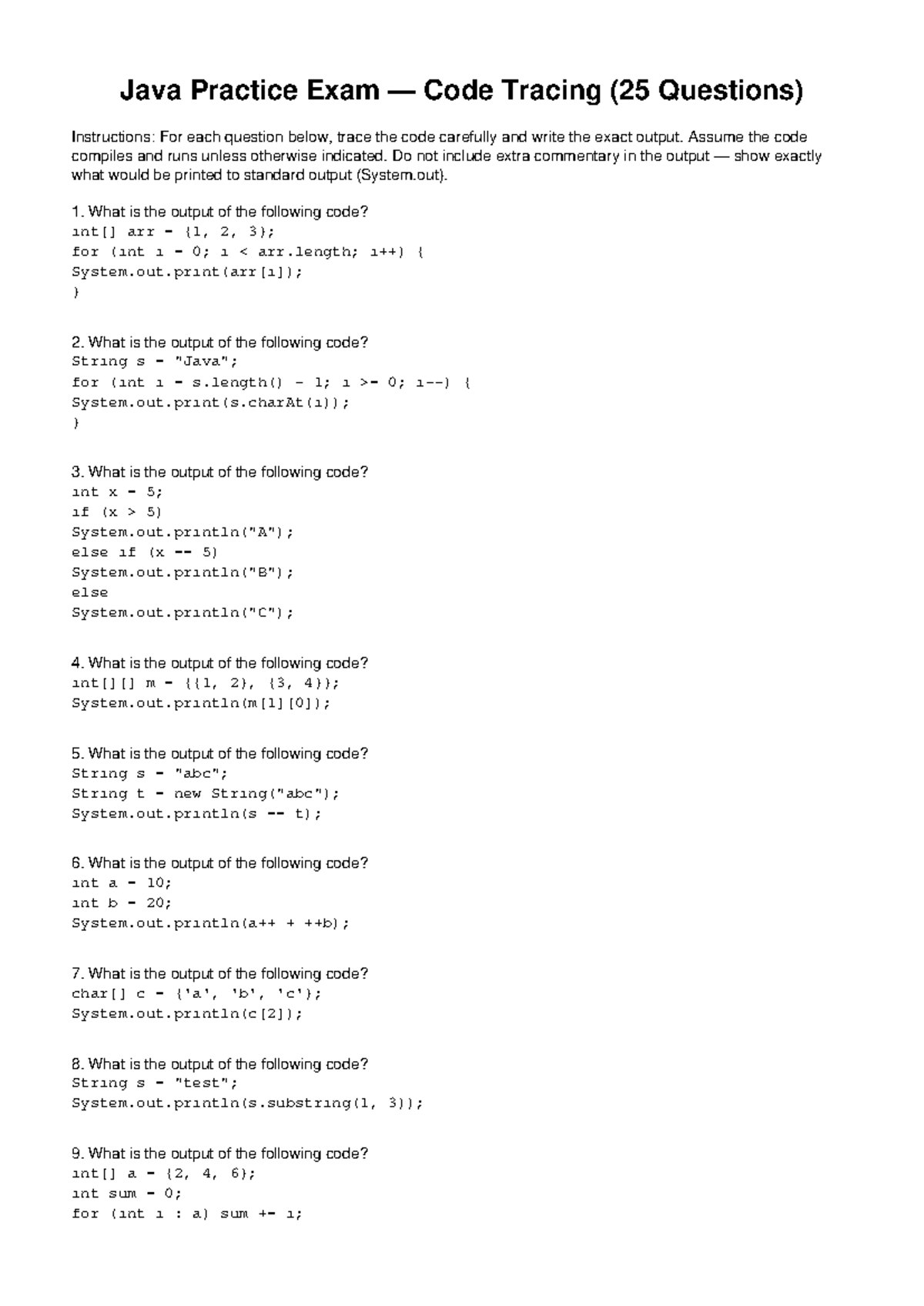 Java Practice Exam: Code Tracing (25 Questions) - Studocu
