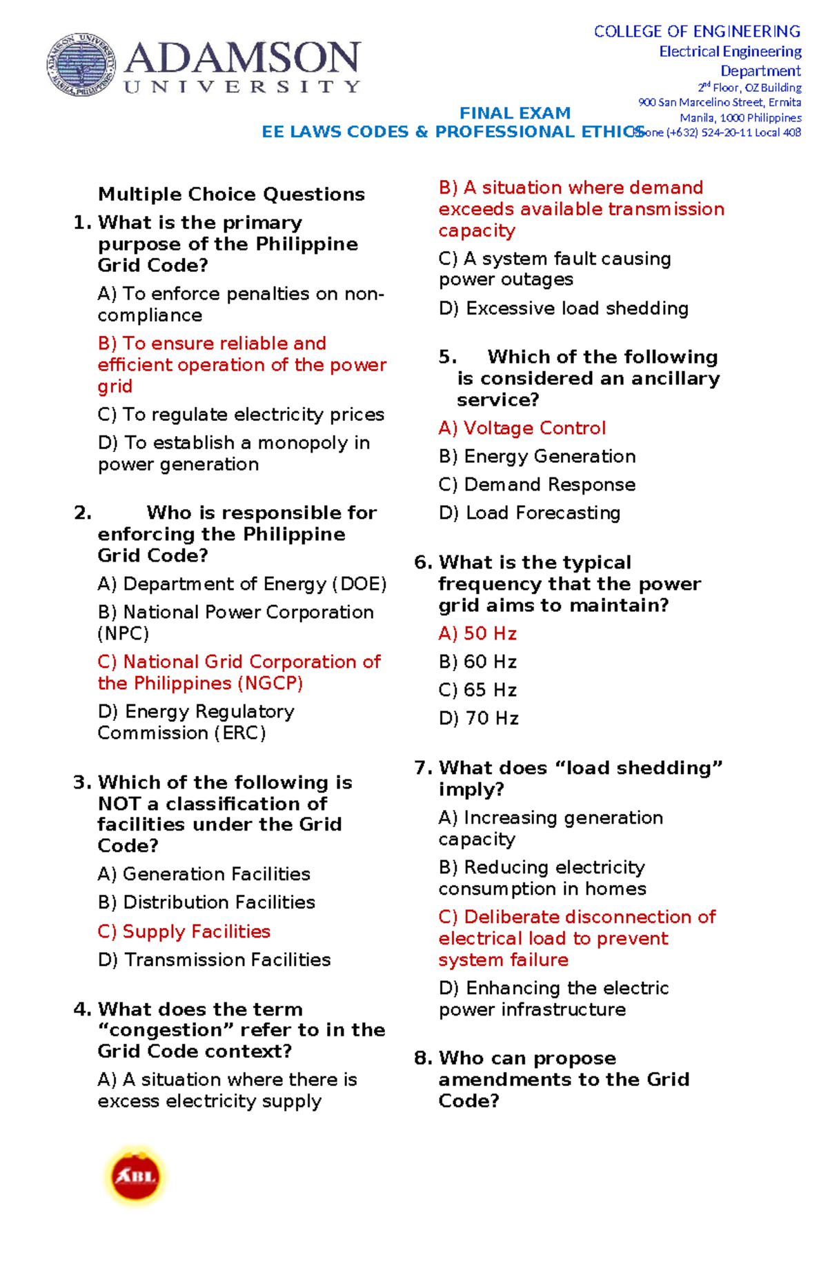Final Exam EE LAWS 2024-2025 on Philippine Distribution Code - Studocu
