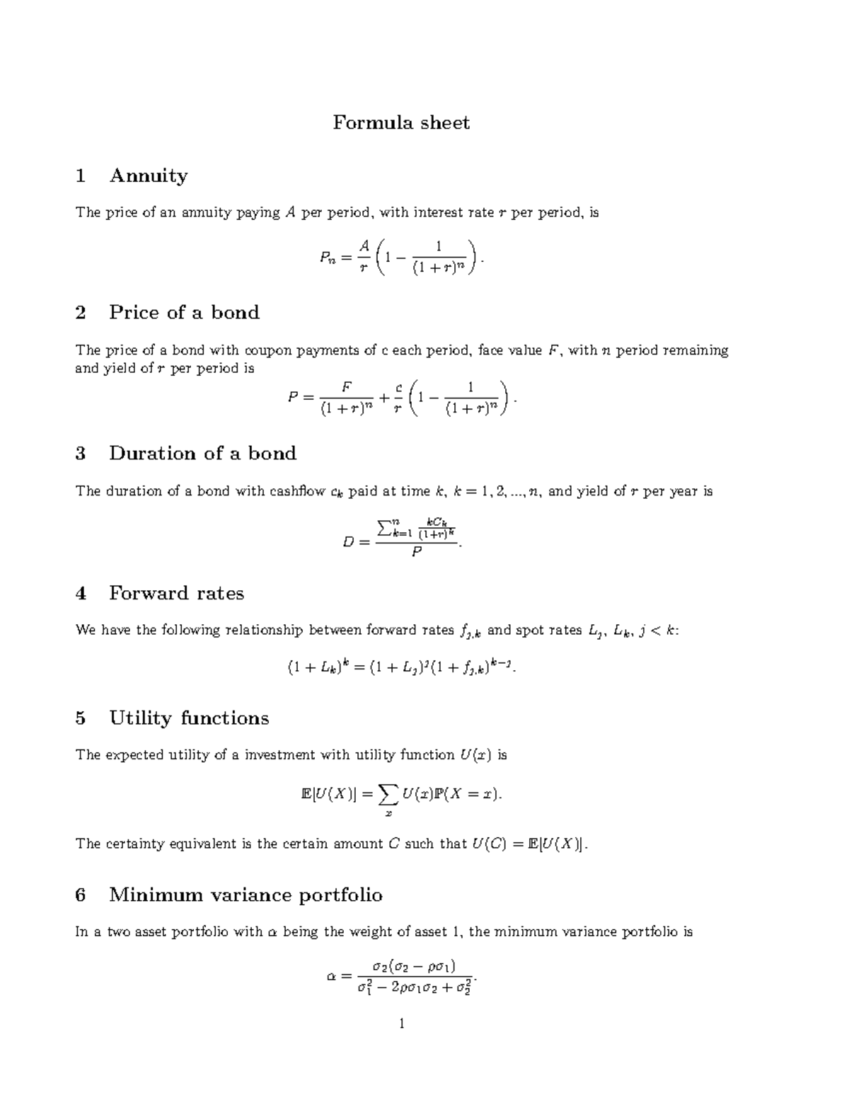 MA5603 Formula Sheet: Annuities, Bonds, and Portfolios - Studocu