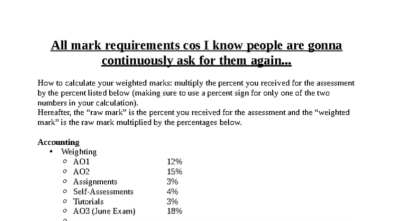 Summary of Mark Requirements and Calculations for Assessments - Studocu