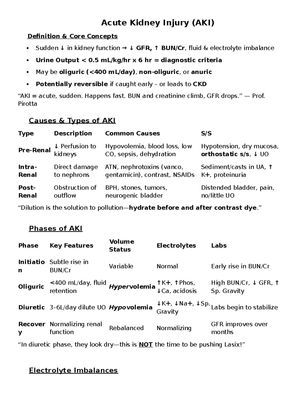 AKI Outline: Understanding Acute Kidney Injury and Its Management - Studocu