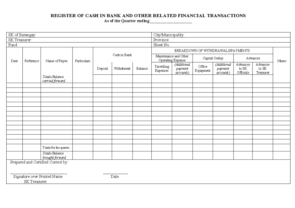 Register of Cash in Bank (RCB) and Financial Transactions Summary - Studocu