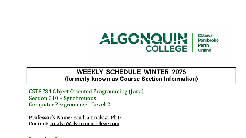 25F - Weekly Schedule for CST8284 Object Oriented Programming - Studocu