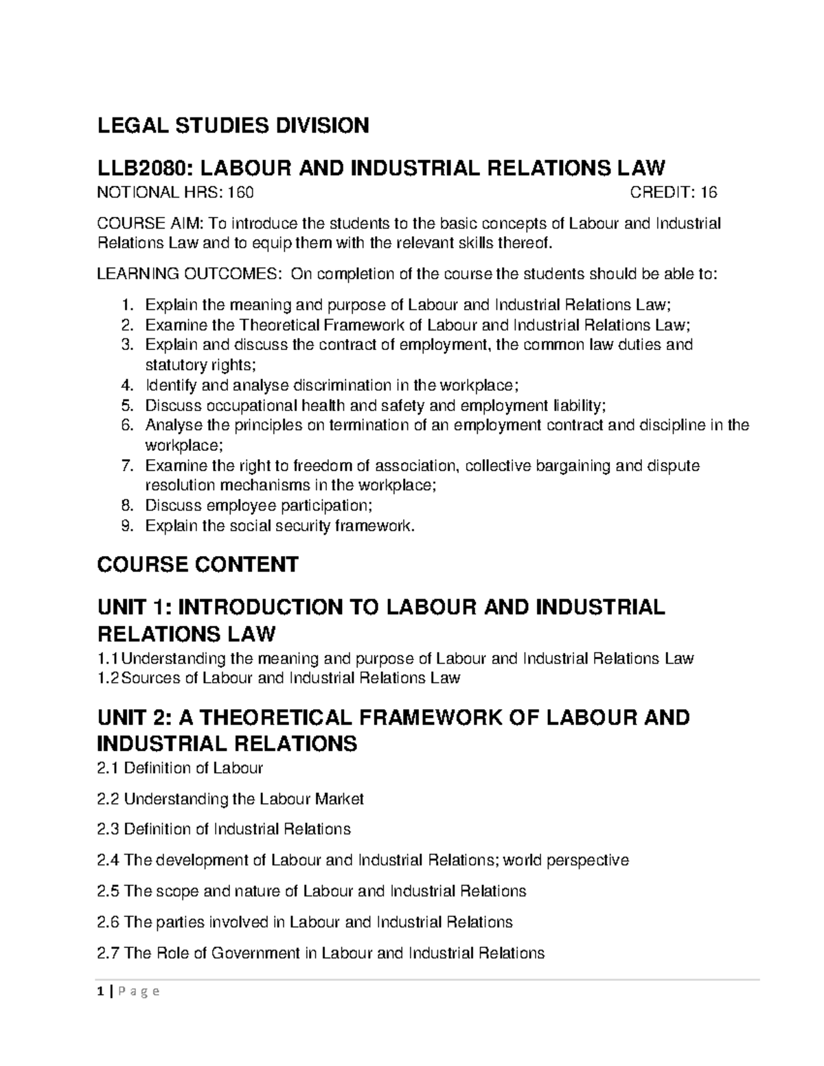 LLB2080: Overview of Labour and Industrial Relations Law Course - Studocu