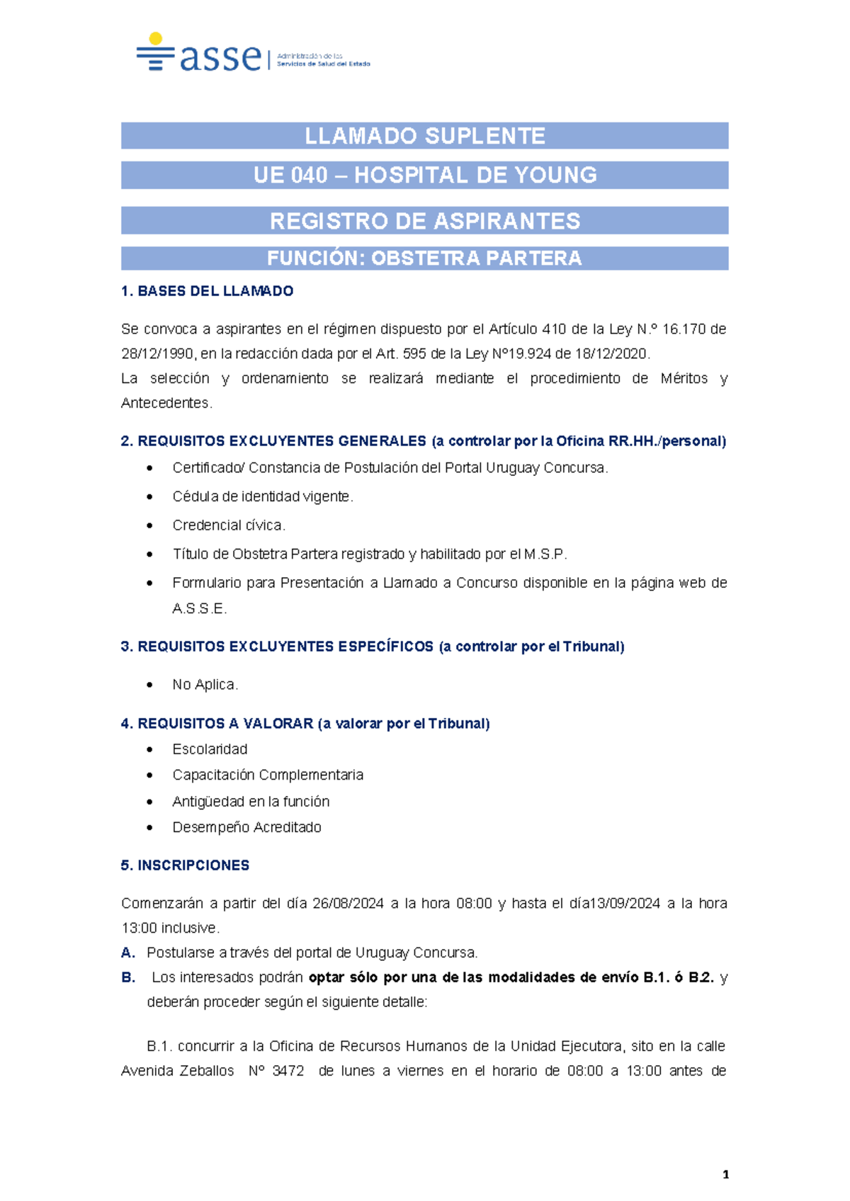 Llamado- Bases UE 040 Obstetra Partera Suplente - LLAMADO SUPLENTE UE ...