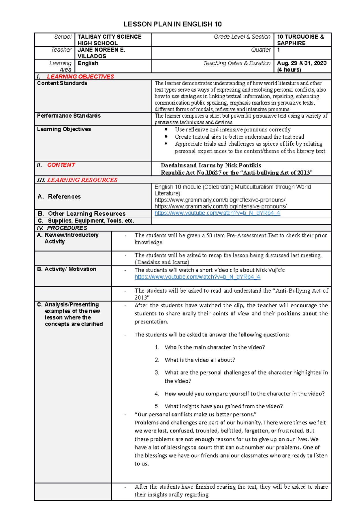DLP-ENG-G10-Q1-LESSON PLAN FOR WEEKS 1-2: REFLECTIONS AND ACTIVITIES - Studocu