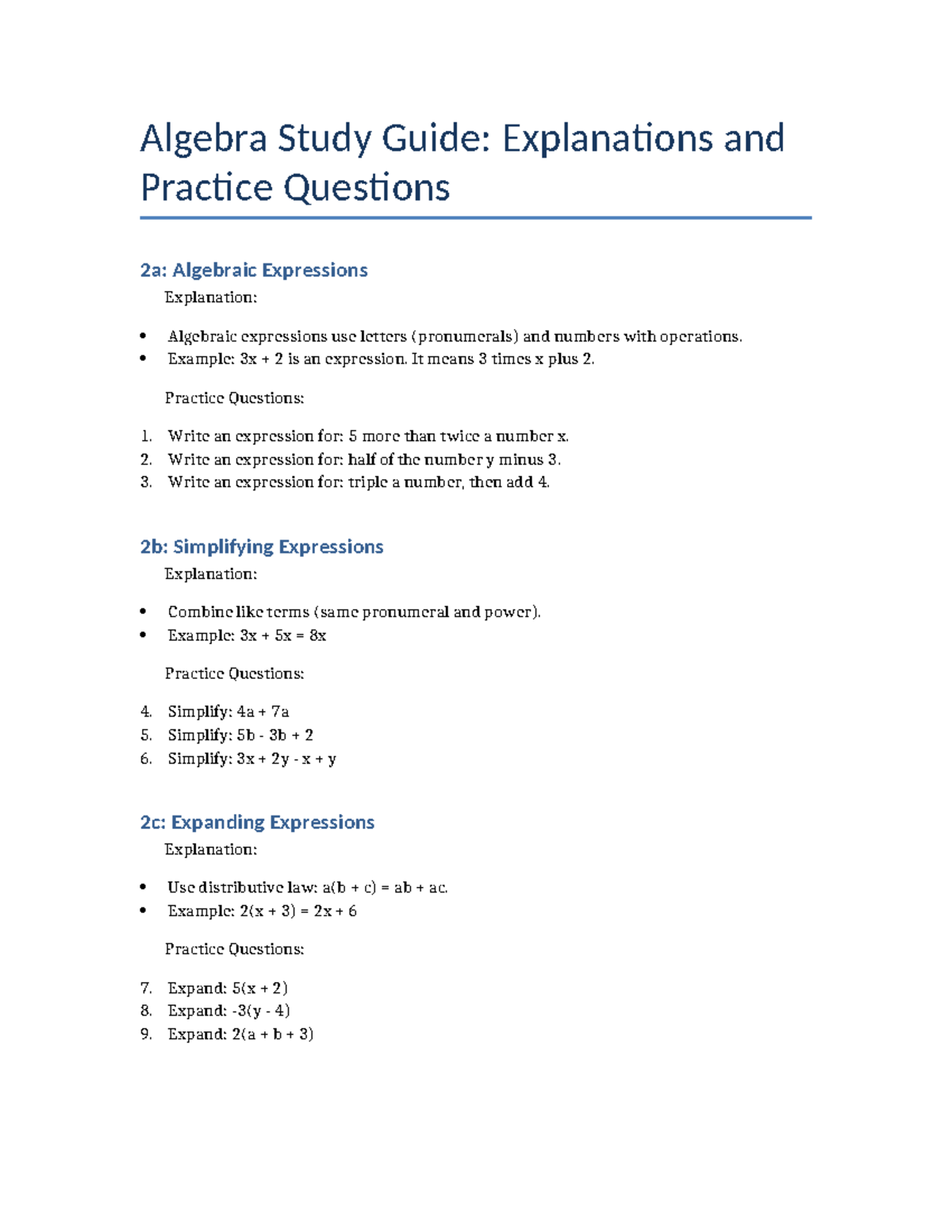 Algebra Study Guide 2a: Expressions, Equations & Inequalities - Studocu