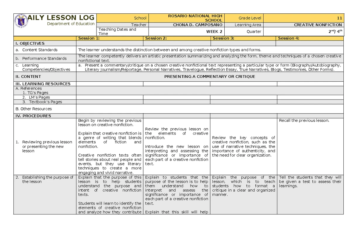 Grade 11 Creative Nonfiction Lesson Log - Week 7 (Quarter 1) - Studocu