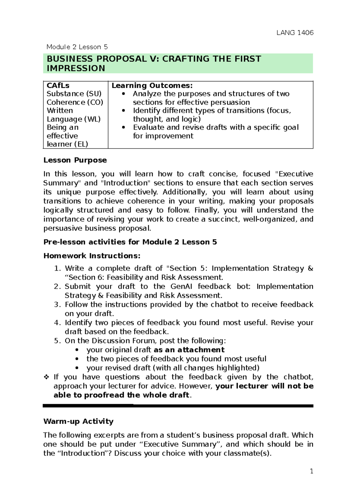 Lang 1406 M2L5 Business proposal 5: Crafting the first impression - Studocu