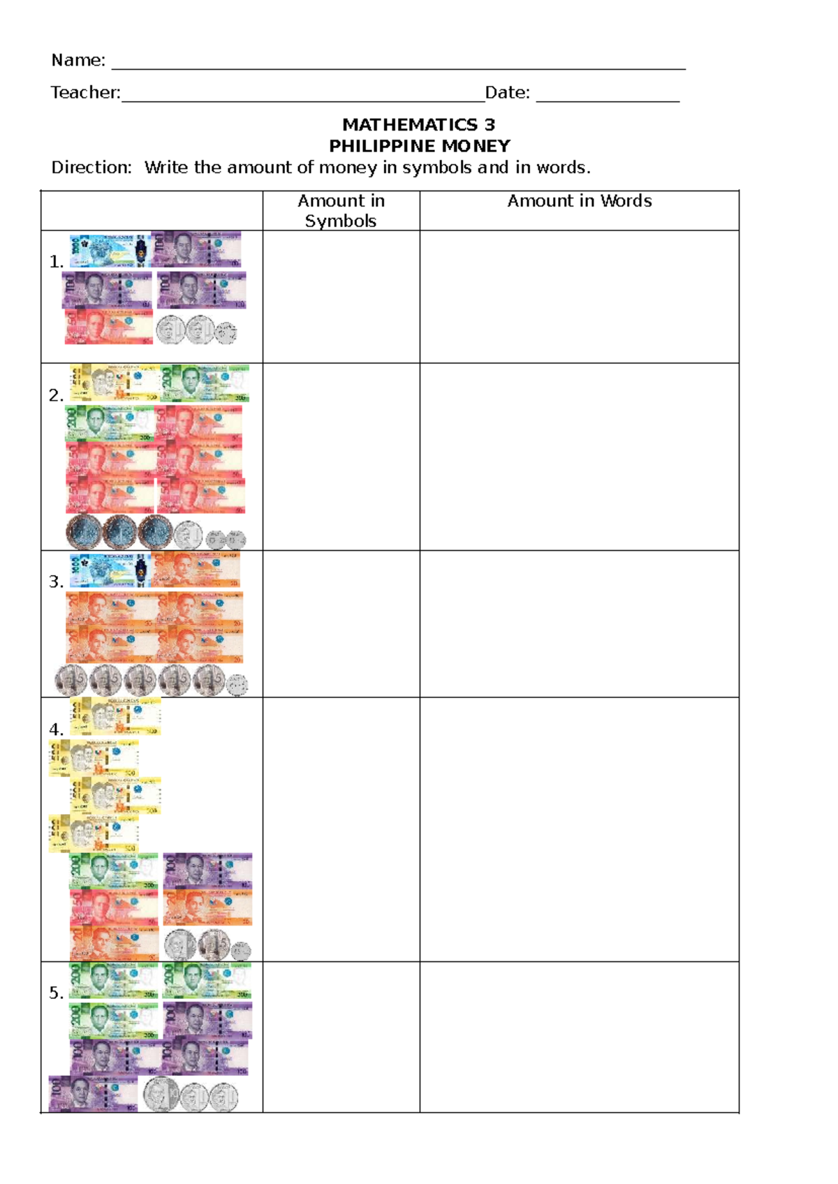 MATHEMATICS 3: Problem Solving & Money Activity Sheets - Studocu