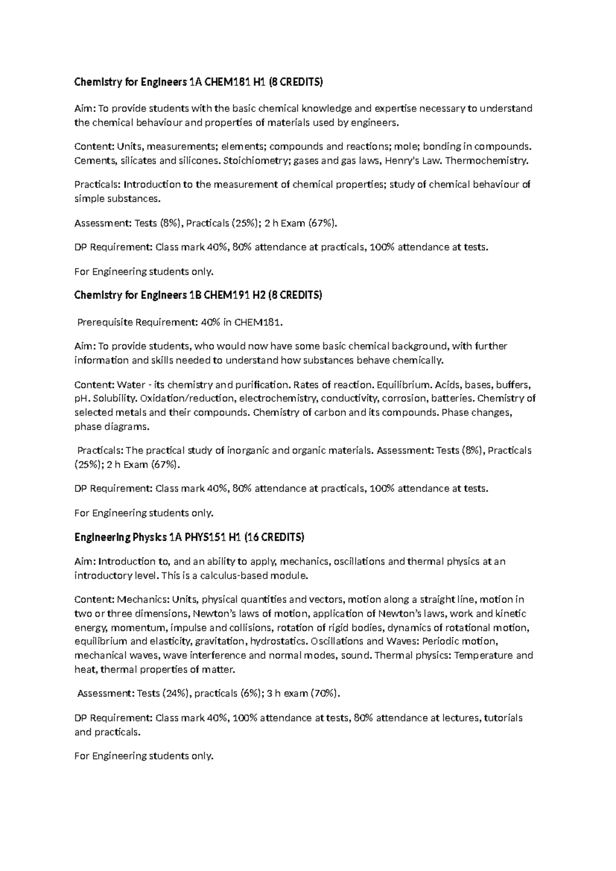 Modules for Engineering Students: CHEM181, CHEM191, PHYS151, PHYS152 ...