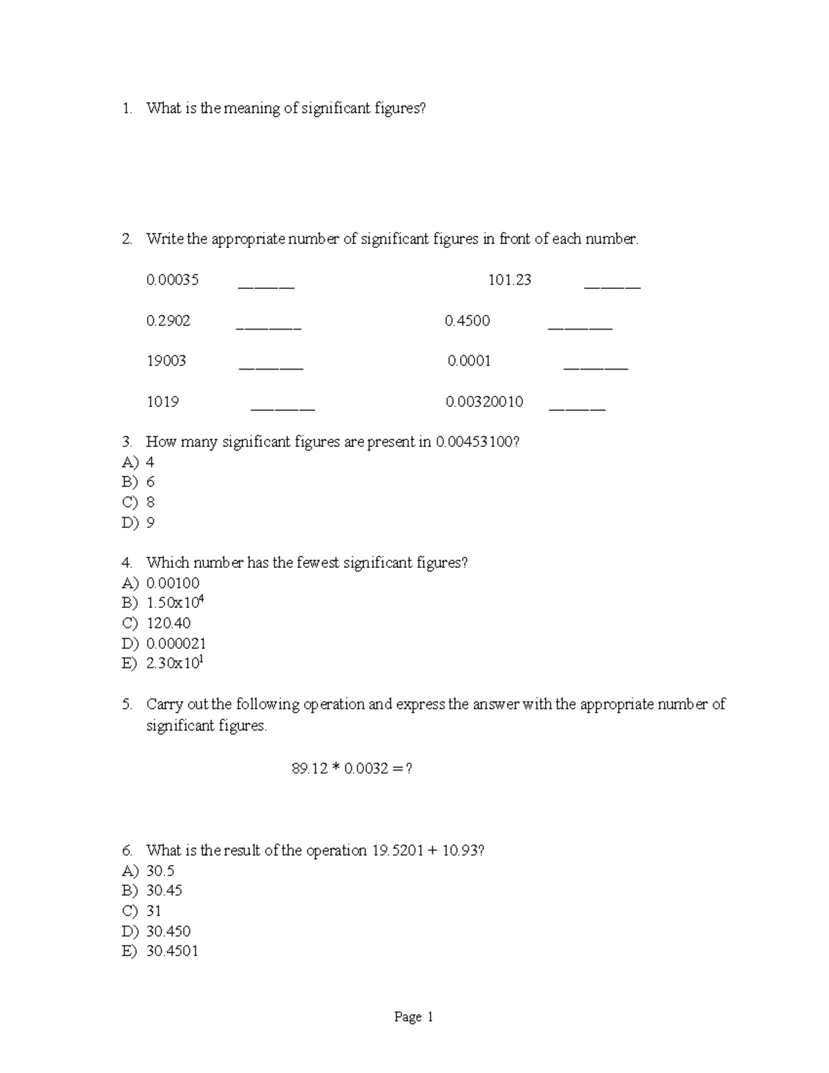 CHE1103 Chapter 1: Significant Figures & Unit Conversions Problems ...