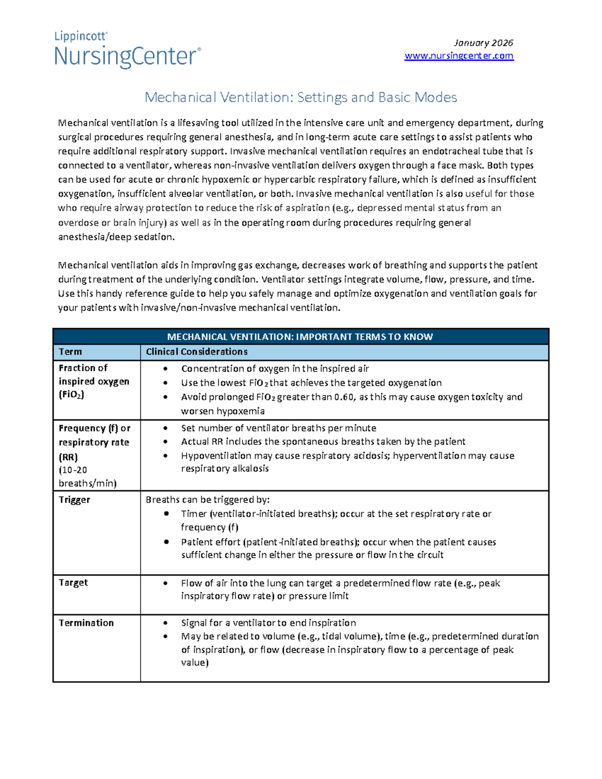 Pocket Card: Mechanical Ventilation Settings & Modes (Jan 2026) - Studocu