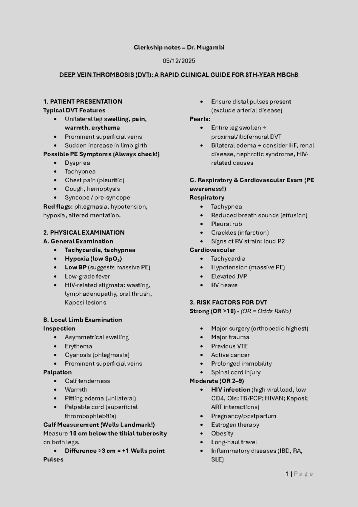 DVT Notes for MBChB 6: Clinical Guide on Deep Vein Thrombosis - Studocu