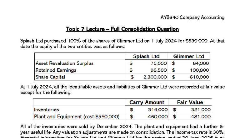 AYB340 Company Accounting Lecture 7: Full Consolidation Analysis - Studocu