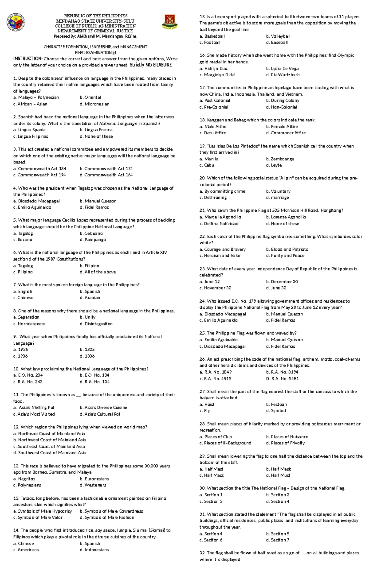 CFML Final Exam: Character Formation, Leadership & Management - Studocu