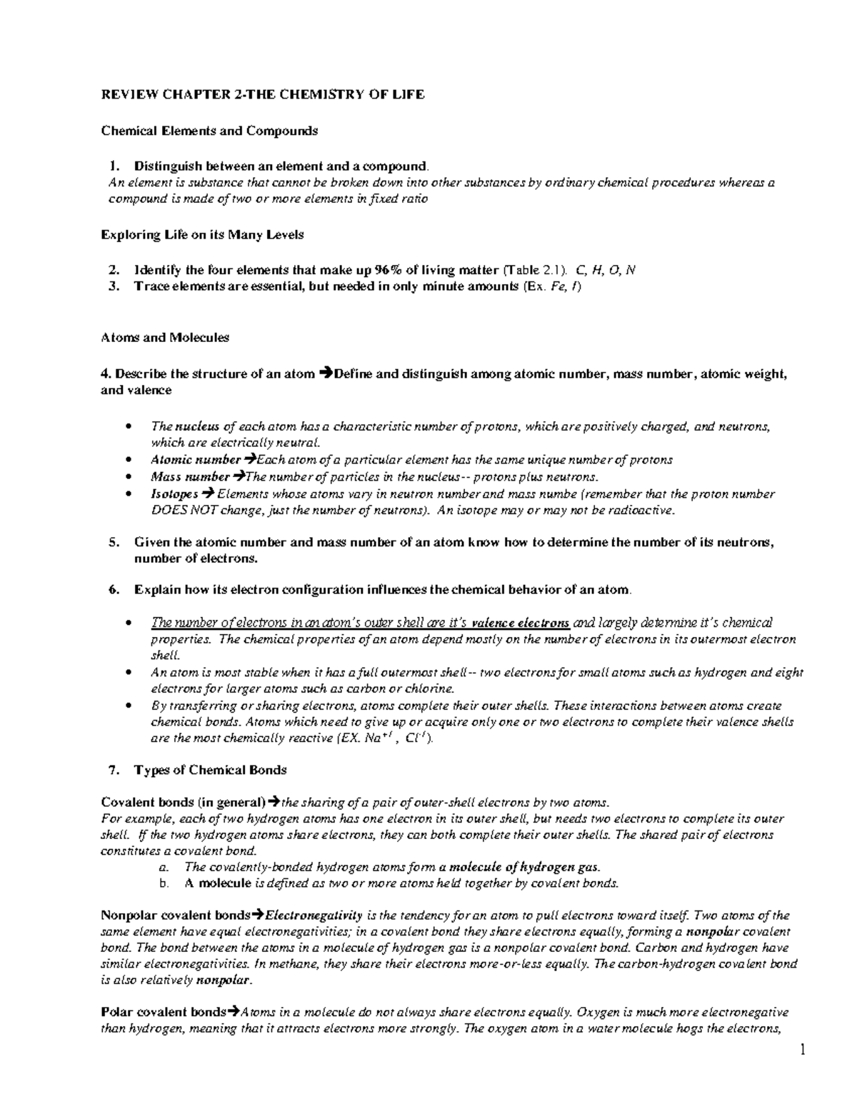 Review of Chapter 2: The Chemistry of Life - Key Concepts & Bonds - Studocu