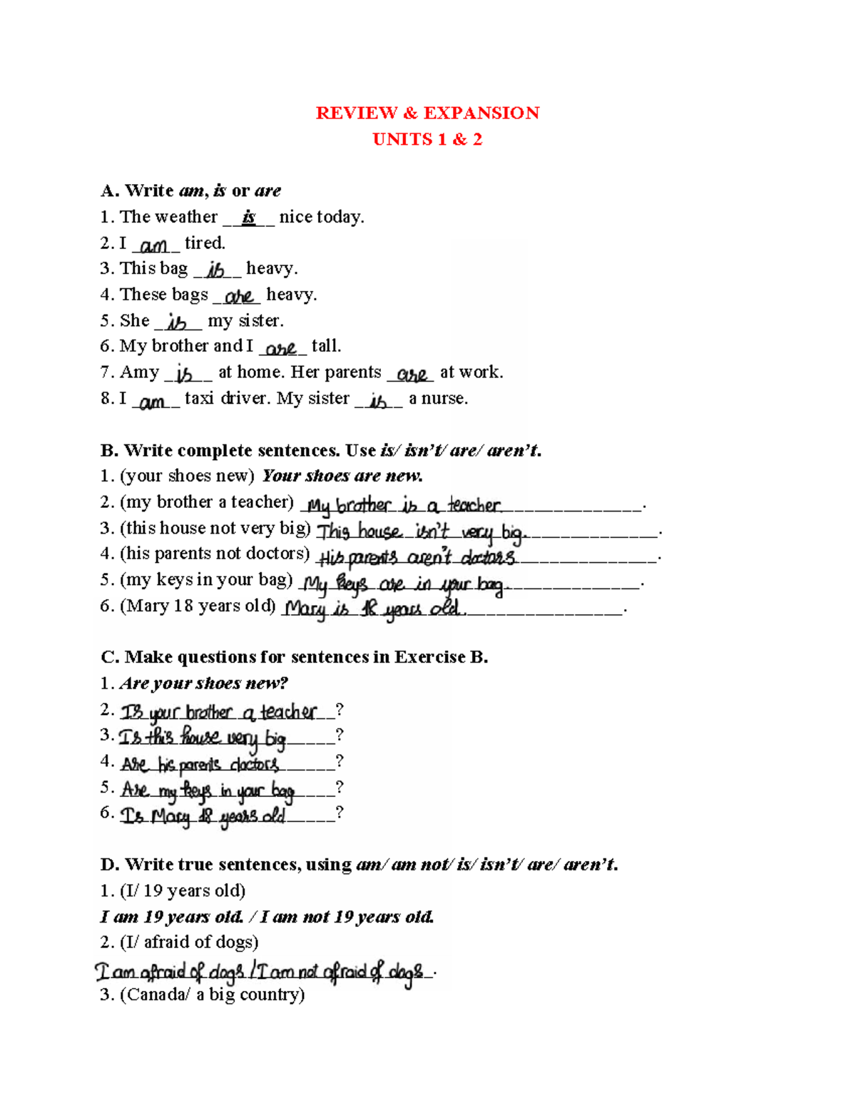 Review Units 1 & 2: Grammar Exercises and Sentence Formation - Studocu