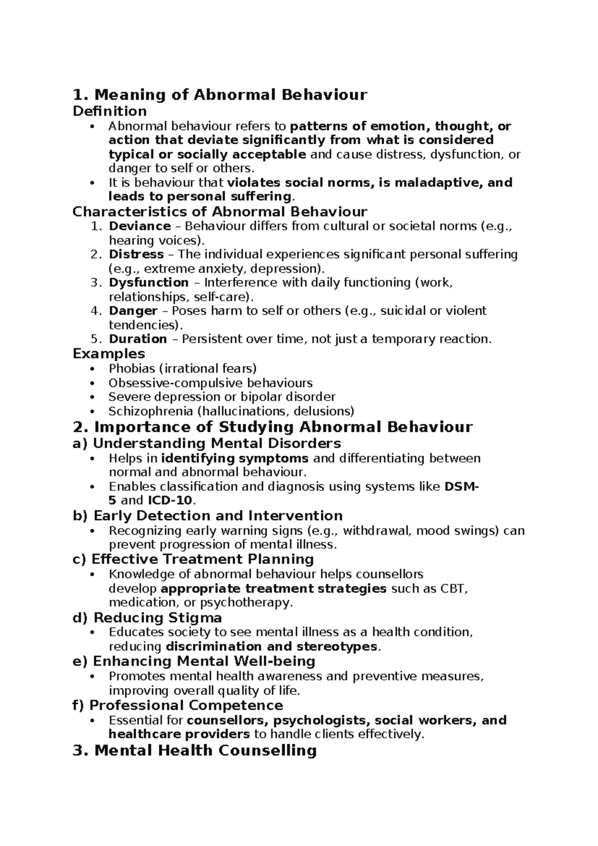 Abnormal Behaviour and Mental Health Counselling Overview (PSY 101) - Studocu