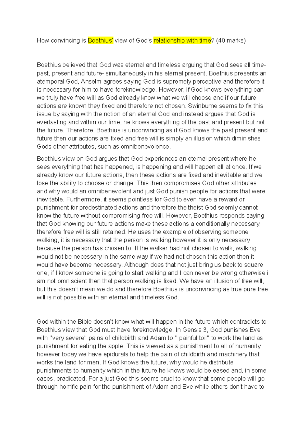 Religious Studies - Essay on Boethius' View of God's Timelessness - Studocu