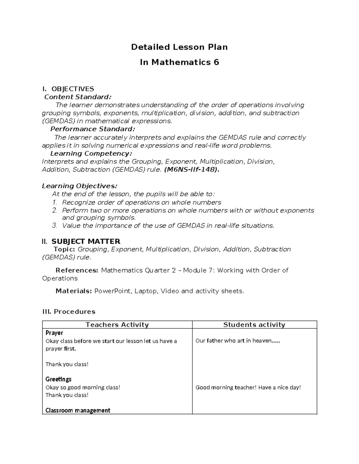Math 6 Detailed Lesson Plan: Understanding GEMDAS Rules - Studocu