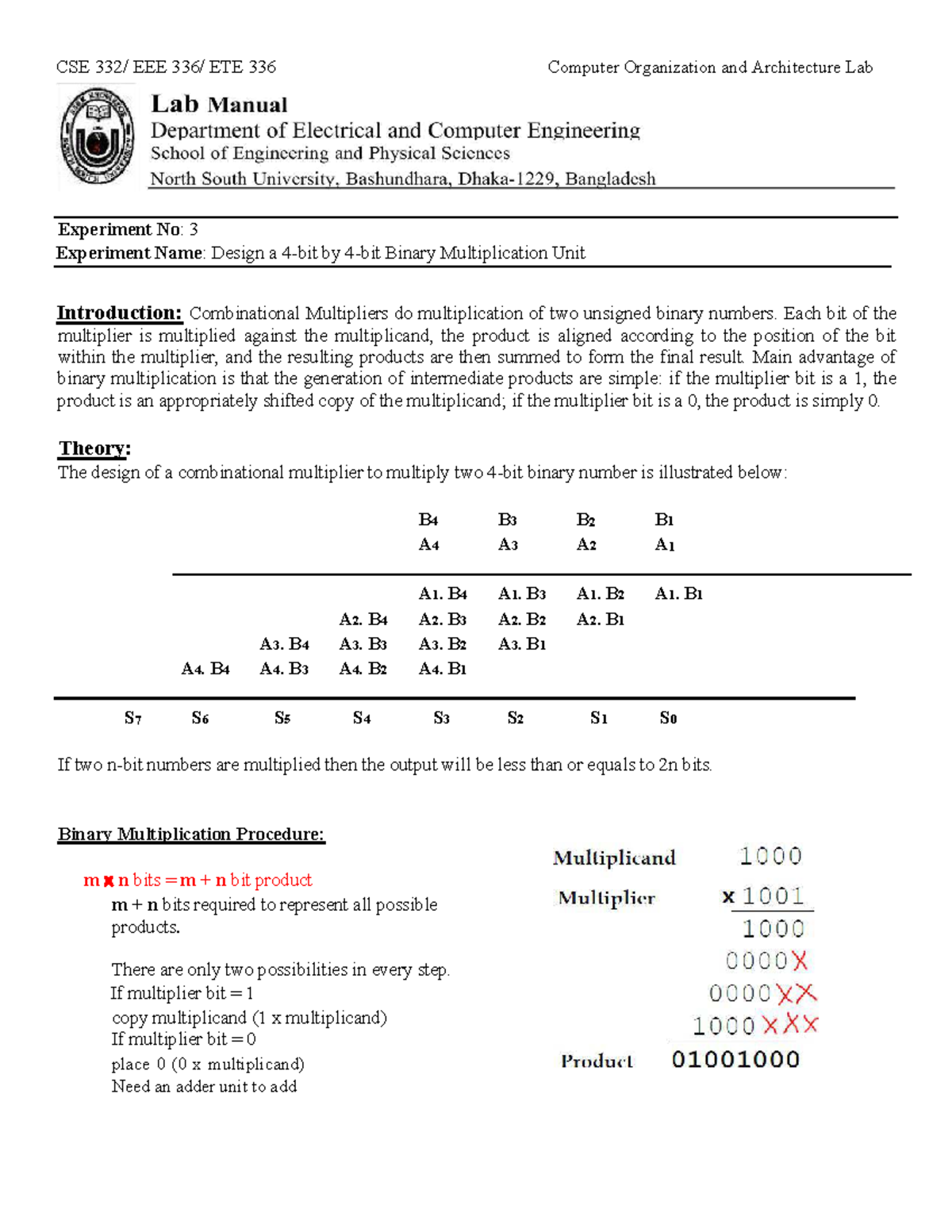 CSE ETE 336 Lab Exp-03: 4-Bit Binary Multiplication Unit Design - Studocu