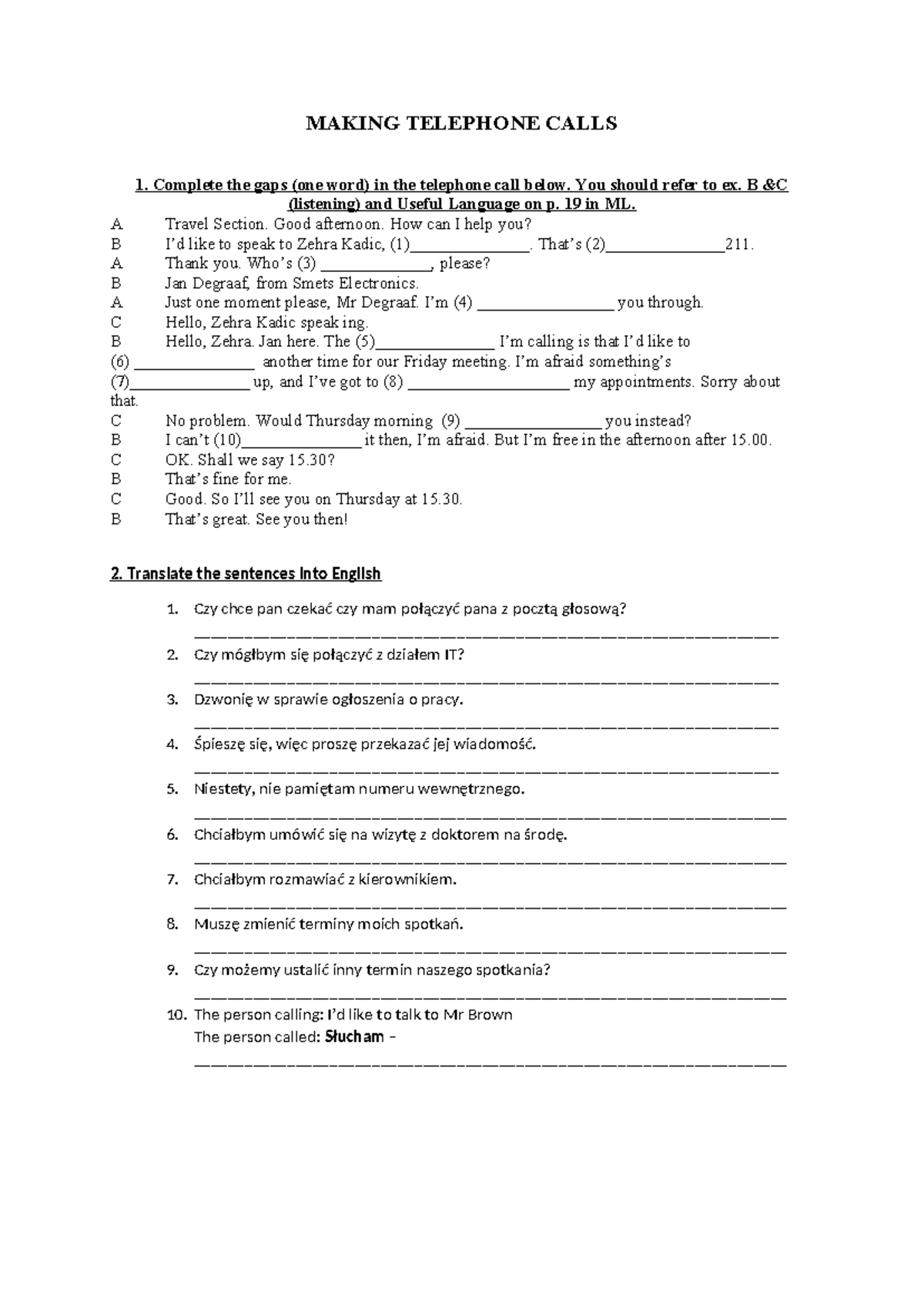 MAKING TELEPHONE CALLS: Listening & Translation Exercises - Studocu