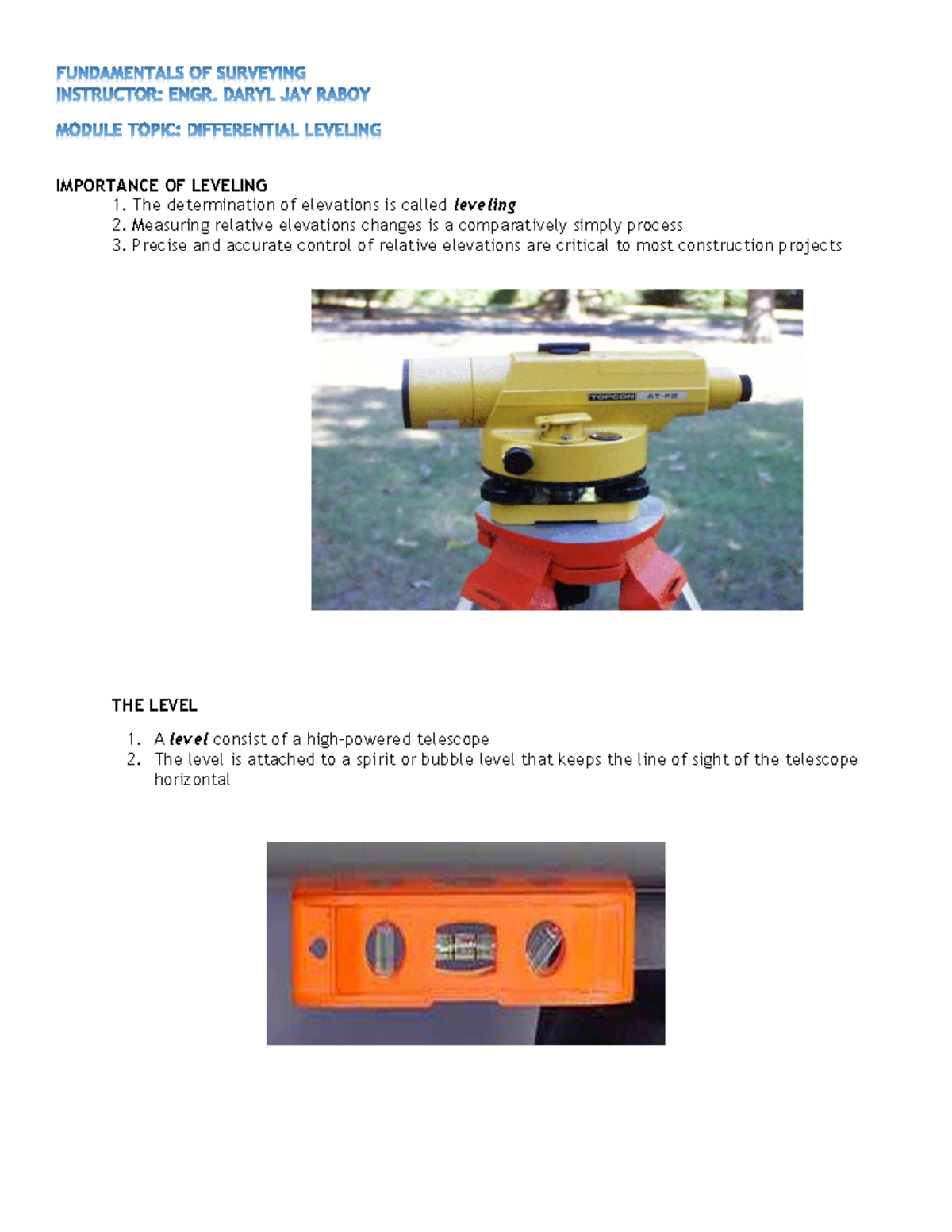 Fundamentals-OF- Surveying- Diffential- Leveling - IMPORTANCE OF ...