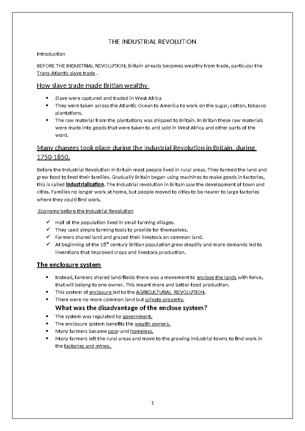 THE INDUSTRIAL REVOLUTION Class Notes: Key Changes & Impacts - Studocu