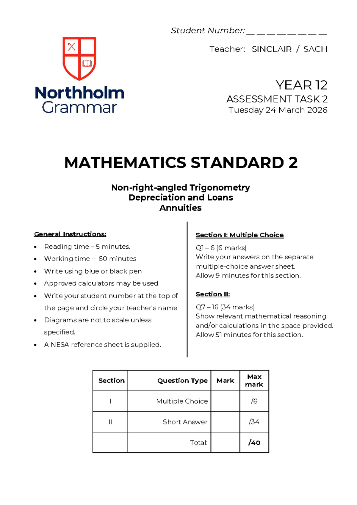 Y12 MATHEMATICS STANDARD 2 AT2: Trigonometry, Loans & Annuities - Studocu