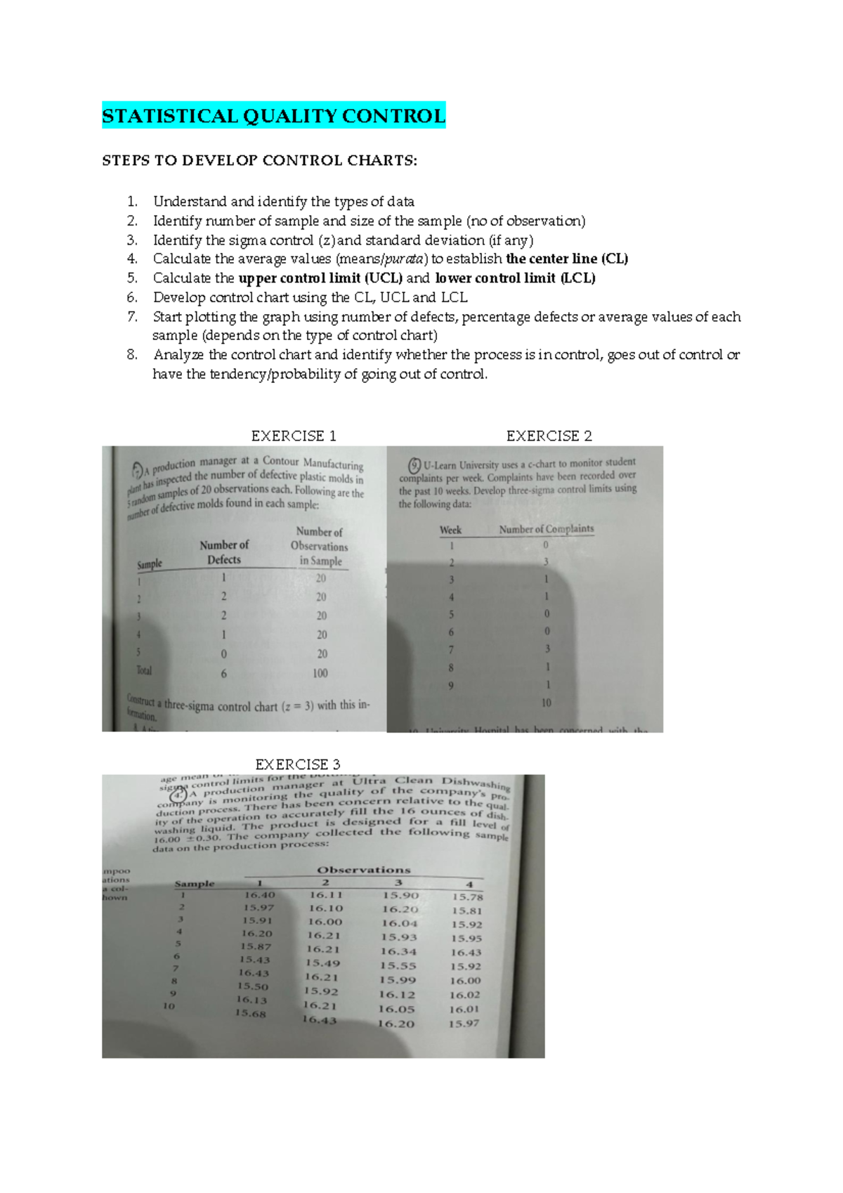 SQC 101: Steps to Develop Control Charts for Quality Control - Studocu