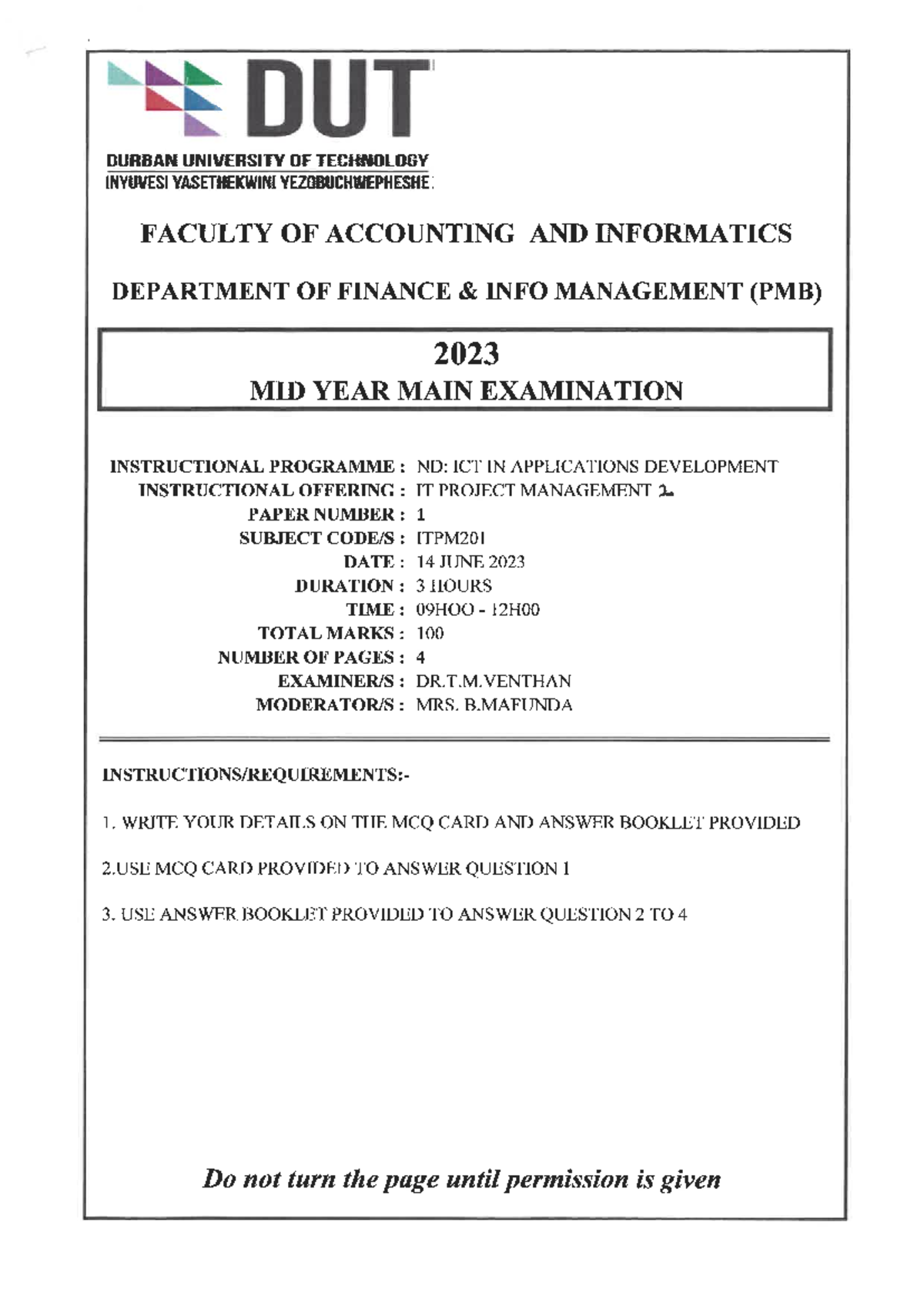2023 Midyear Main Exam QP for ITPM201: IT Project Management 2 - Studocu