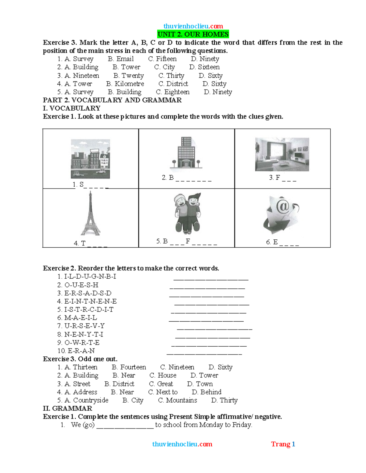 Thuvienhoclieu.com - Exercises for Unit 2: Our Homes - Studocu