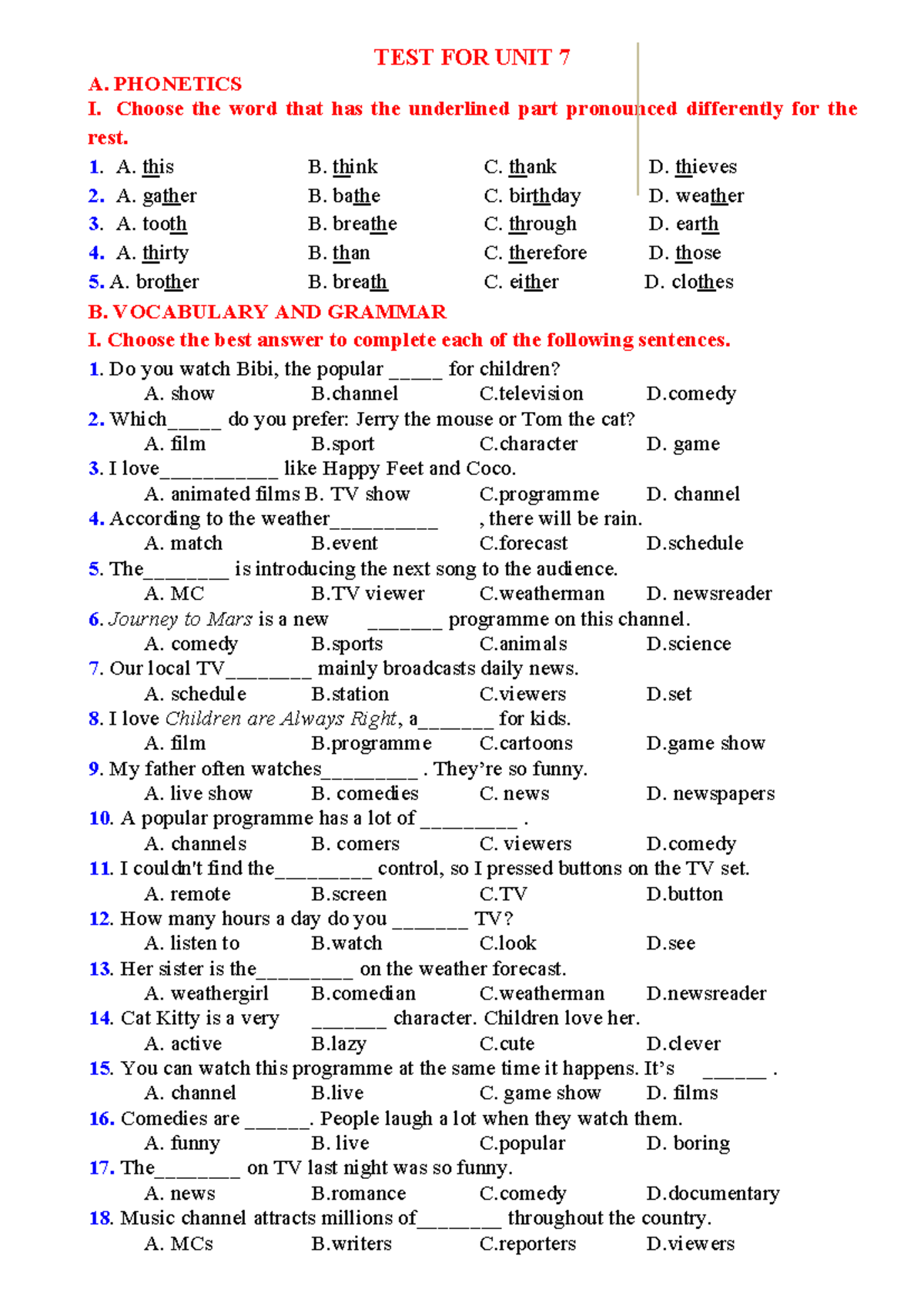 TA 6 Global Practice: Phonetics & Vocabulary Test - Unit 7 - Studocu