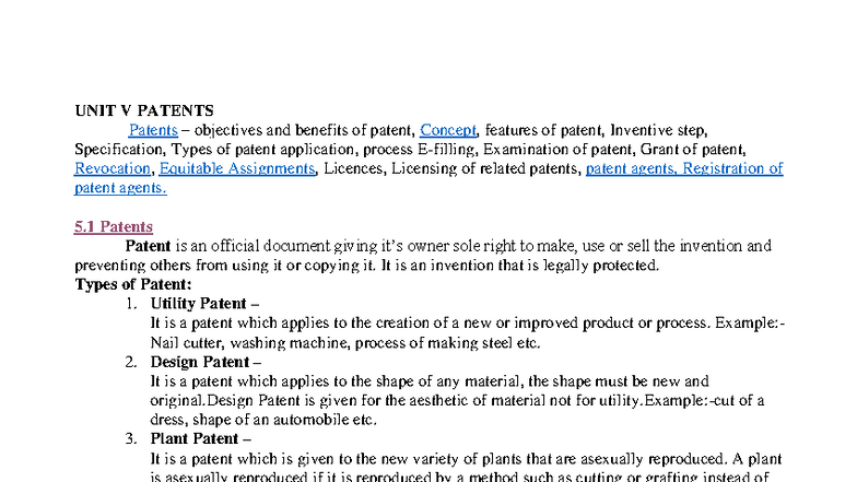 Unit V - Patents: Objectives, Types, and Legal Framework - Studocu