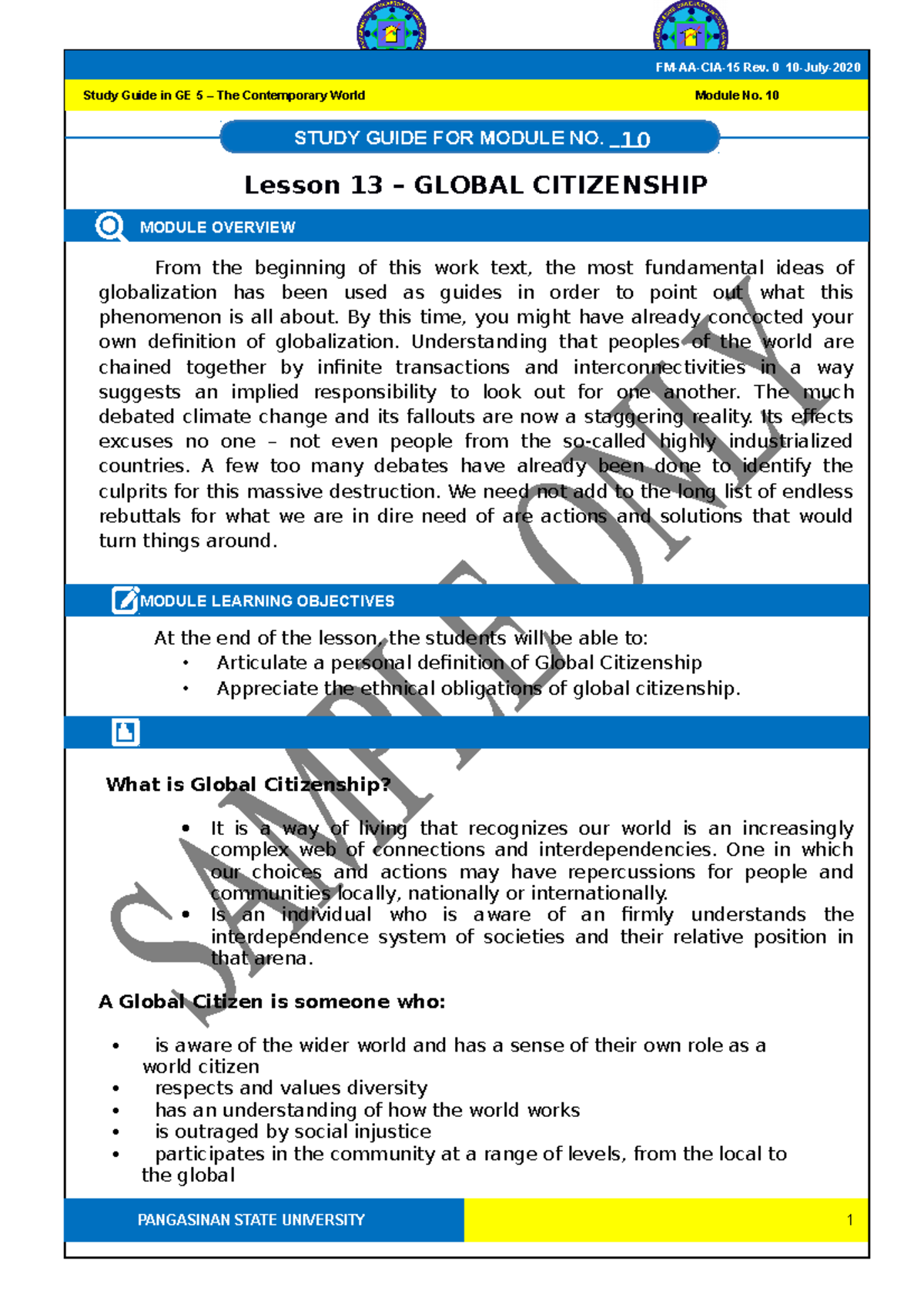 GE 5 SG Global Citizenship - 10 Lesson 13 – GLOBAL CITIZENSHIP MODULE ...