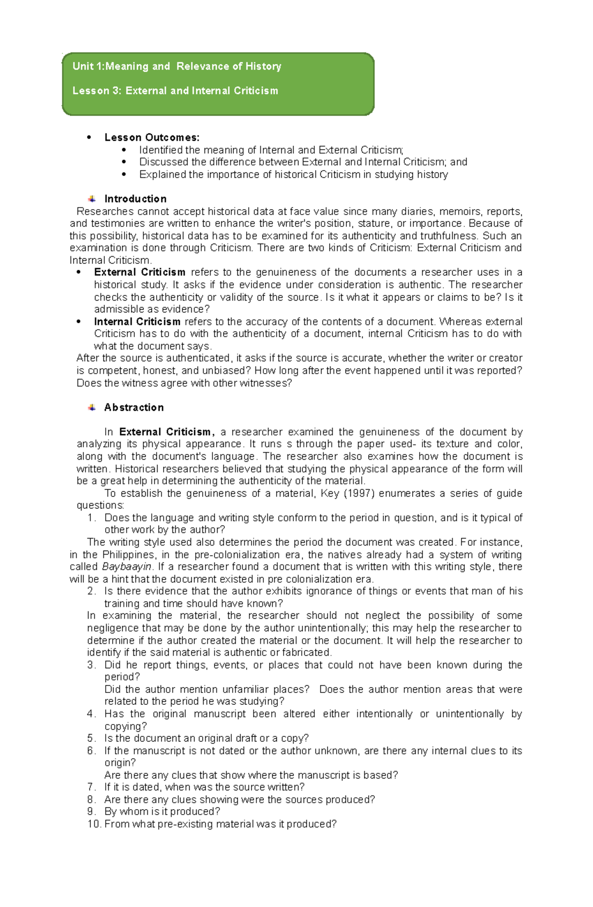 Criticism in History: External vs. Internal Analysis (Lesson 3) - Studocu