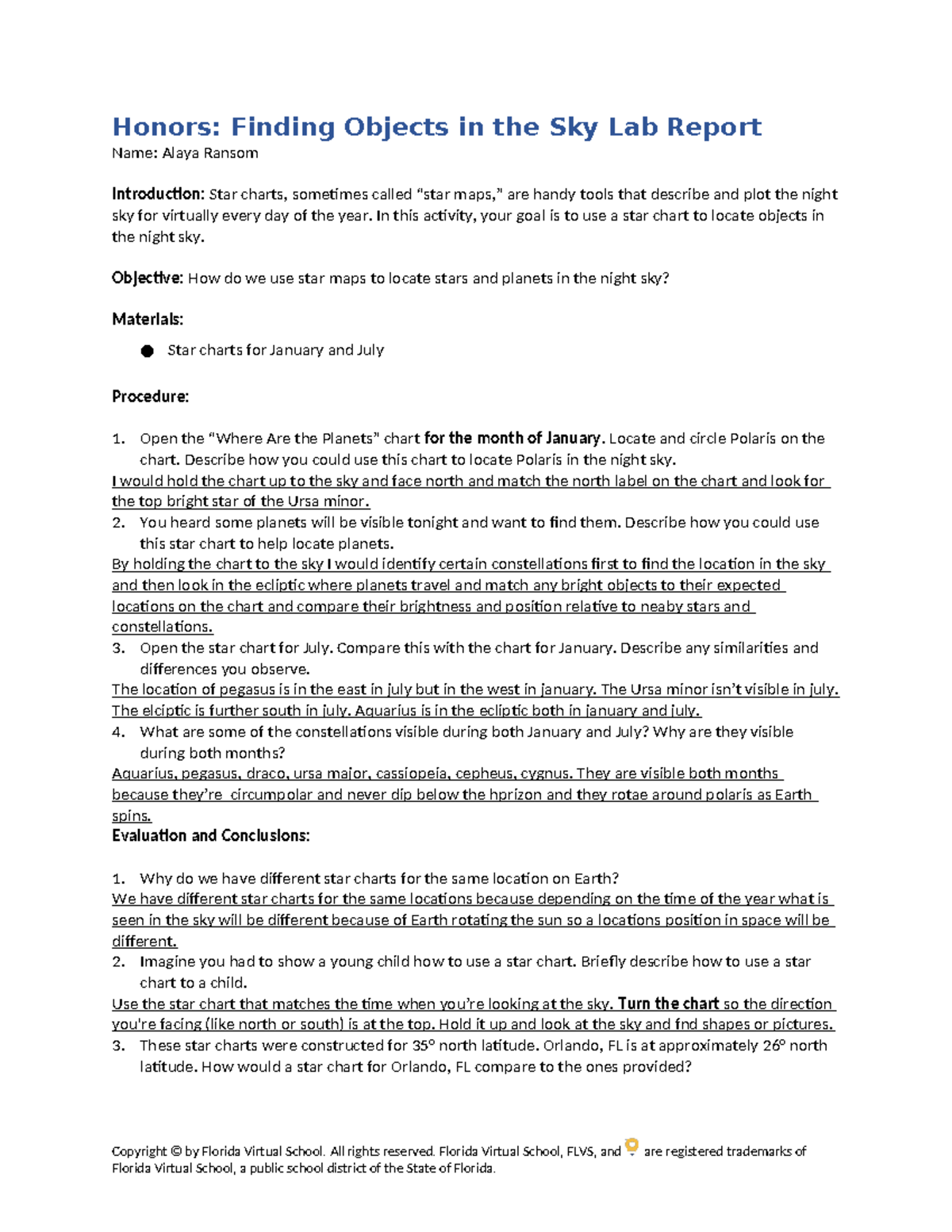 Honors: Finding Objects in the Sky Lab Report - Studocu