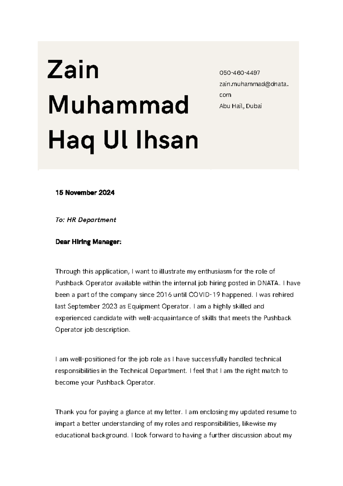 Cover Letter Doc in Cream White Simple Style - Zain Muhammad Haq Ul ...
