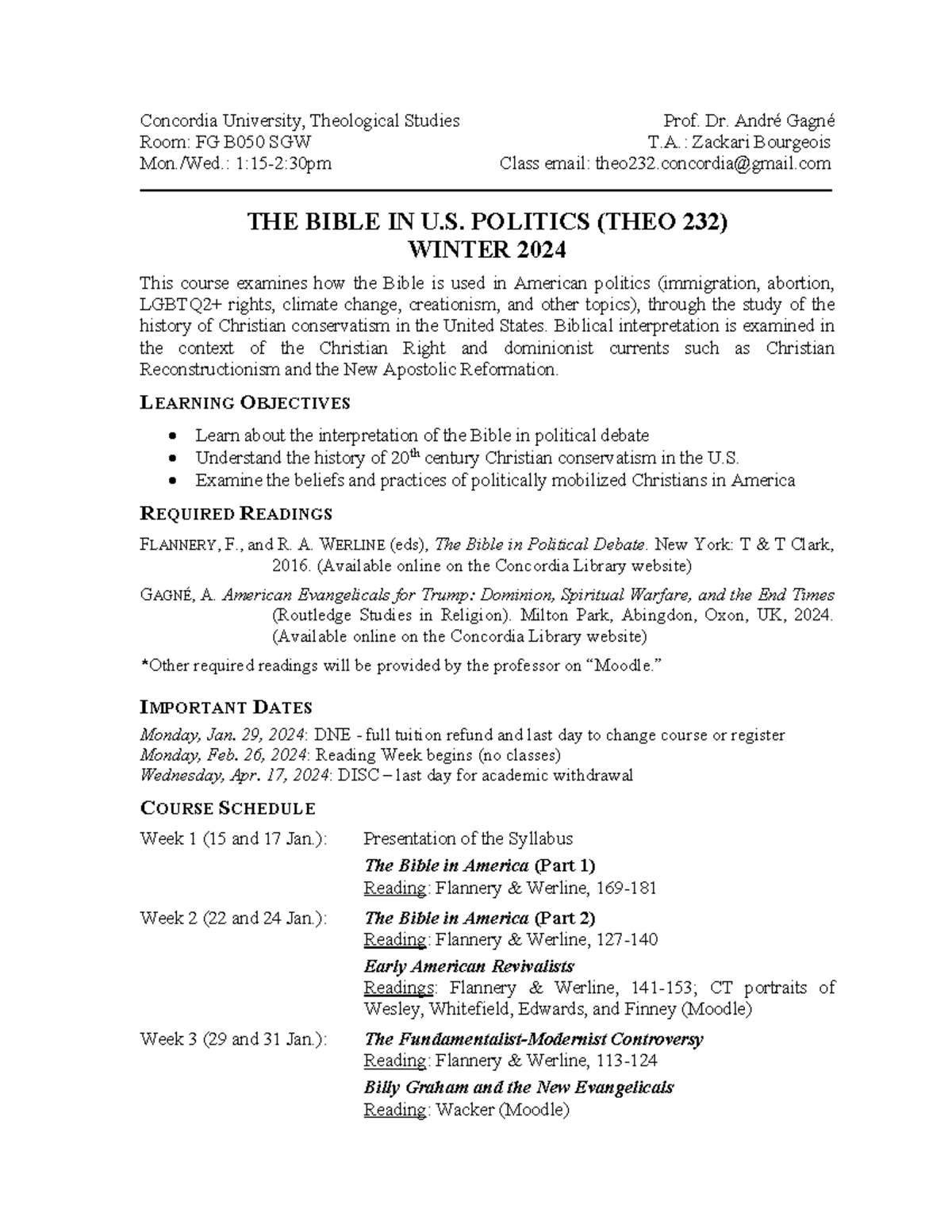 THEO 232 Syllabus: The Bible in U.S. Politics - Winter 2024 - Studocu