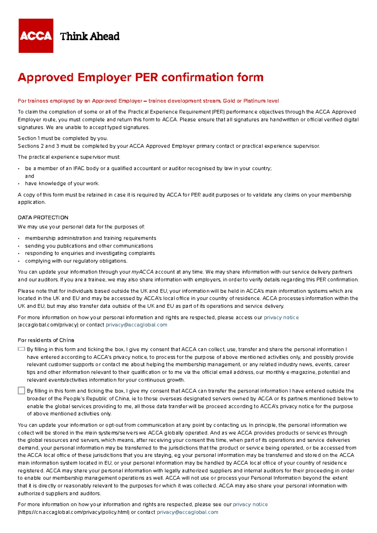 ACCA Approved Employer PER Confirmation Form for Trainees - Studocu