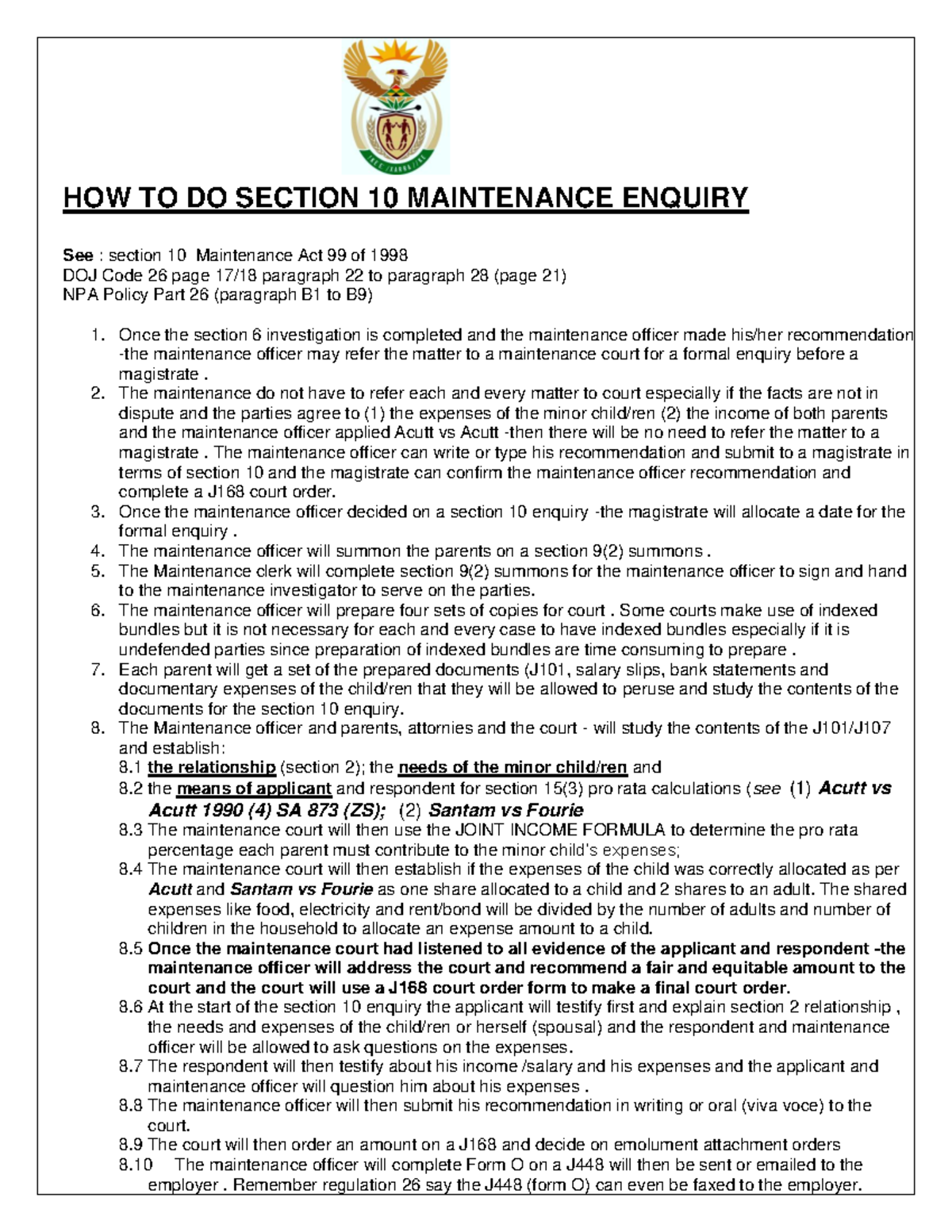 NPA Guideline: Conducting Section 10 Maintenance Enquiry - Studocu